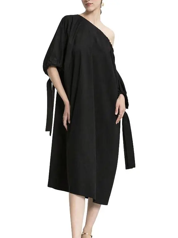 OTTOD'AME Poplin Midi Dress With Drawstring Sleeves - Black