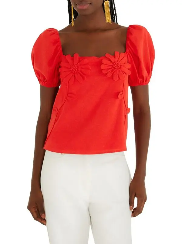 Farm Rio Floral Appliqué Linen Blend Short Sleeve Top - Red