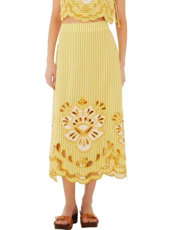 Farm Rio Striped Eyelet Midi Skirt - Yellow