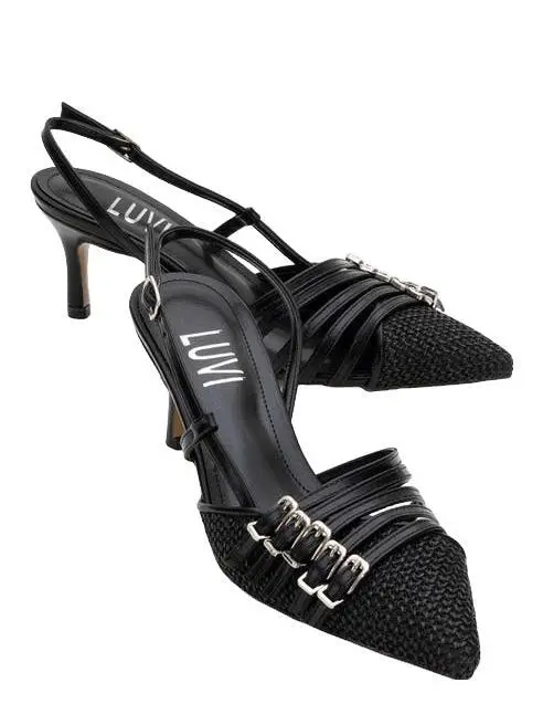 PROLOGUE SHOES Slingback Pointed Toe Pumps With Buckled Straps - Black