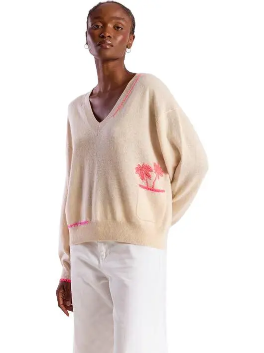 BRODIE CASHMERE V-neck Sweater With Embroidered Palm Pocket - Lace