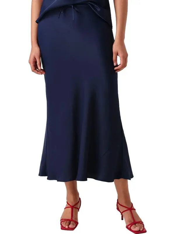 GHOST LONDON Dahlia Picot Trim Satin Midi Skirt - Navy