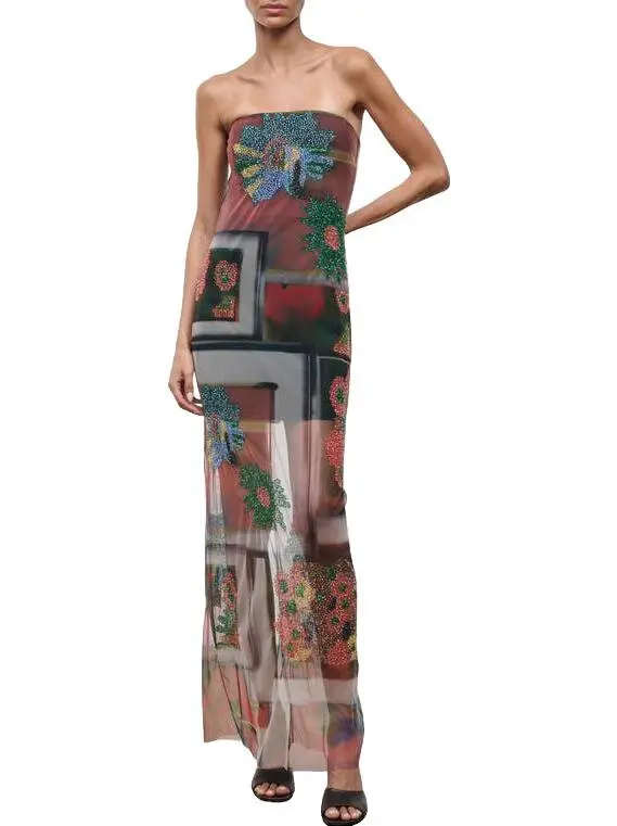 Staud Lilian Floral Bead Detail Strapless Mesh Maxi Dress - Superbloom