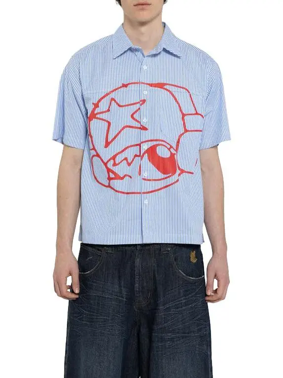 JADED LONDON Poster Stripe Short Sleeve Graphic Button-up Shirt - Blue