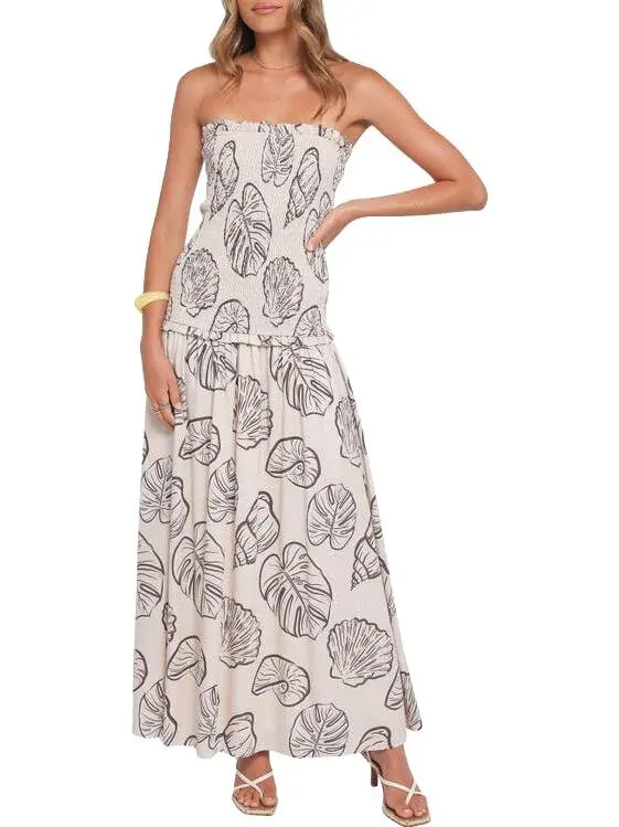 PETAL & PUP Parkway Seashell & Palm Print Smocked Strapless Maxi Dress - Cream Shells