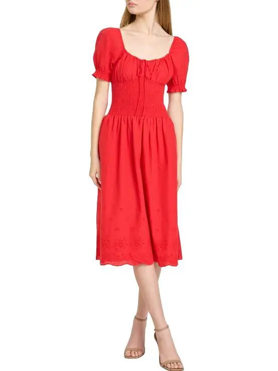 WAYF Dahlia Eyelet Detail Cotton Dress - Red