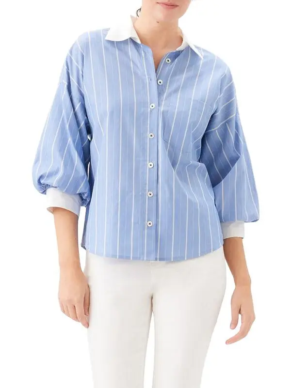 Karen Kane Striped Cotton Shirt With Lantern Sleeves - Blue With Off White