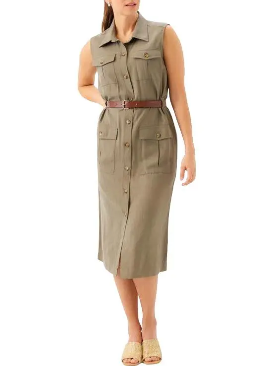 Karen Kane Sleeveless Belted Shirtdress With Patch Pockets - Olive