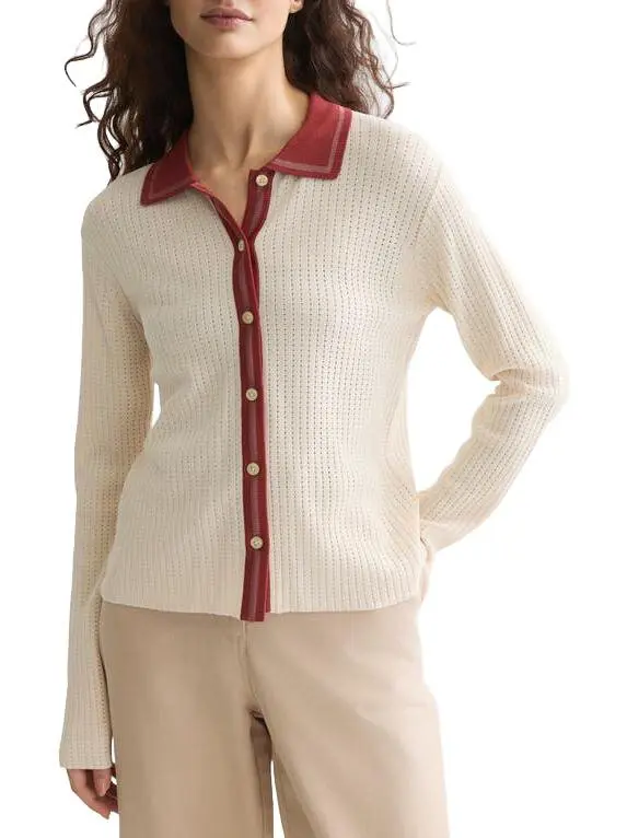 Scotch & Soda Pointelle Knit Cardigan With Contrast Trim - Eggnog