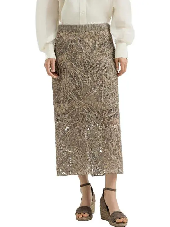 Brunello Cucinelli Linen And Cotton Cacao Leaves Embroidery Skirt - Rope