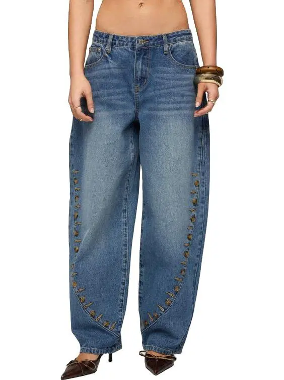 EDIKTED Button Stitch Barrel Leg Jeans - Blue-washed