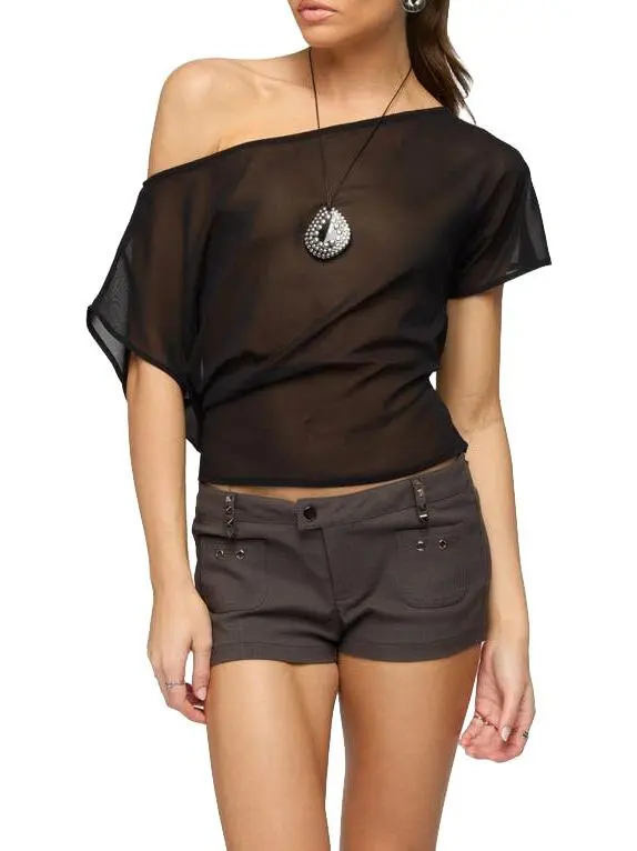 EDIKTED Noria One-shoulder Sheer Chiffon Top - Black