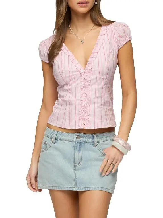 EDIKTED Georgia Ruffle Stripe Cotton Button-up Shirt - Pink