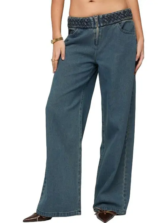 EDIKTED Braided Waistband Wide Leg Jeans - Blue-washed