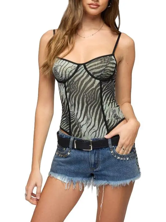 EDIKTED Minerva Zebra Mesh Bodysuit - Black Multi