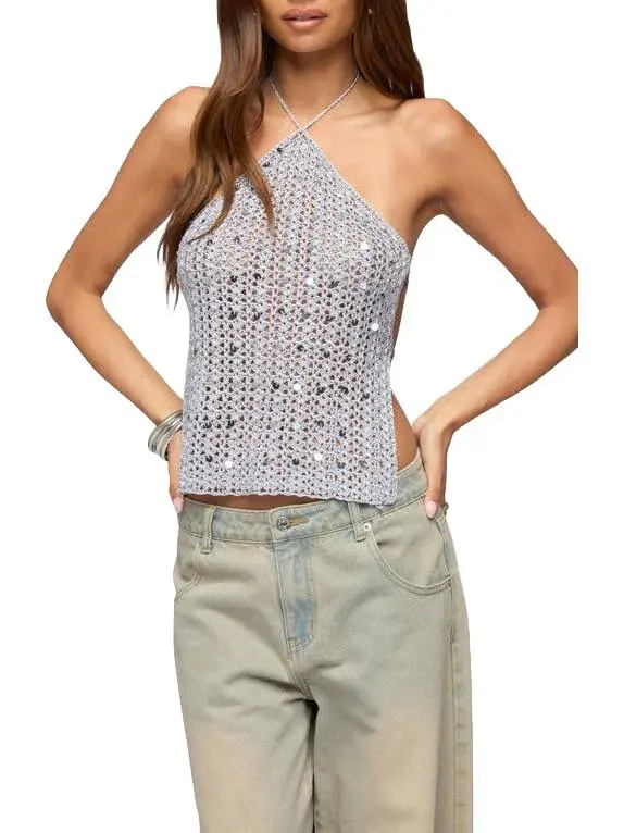 EDIKTED Thaly Sequin Crochet Halter Top - Silver