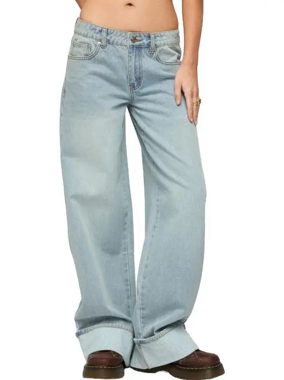 EDIKTED Contrast Heart Pockets Wide Leg Jeans - Light Blue