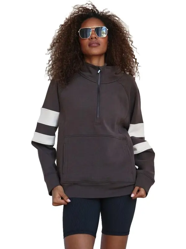 GLYDER Cottontech Scuba Knit 1/4 Zip Jacket - Java/oatmilk Stripes