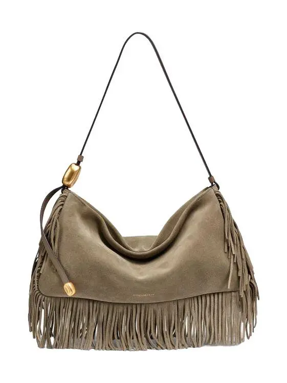 Donna Karan New York Velvet Suede Fringe Shoulder Bag - Truffle