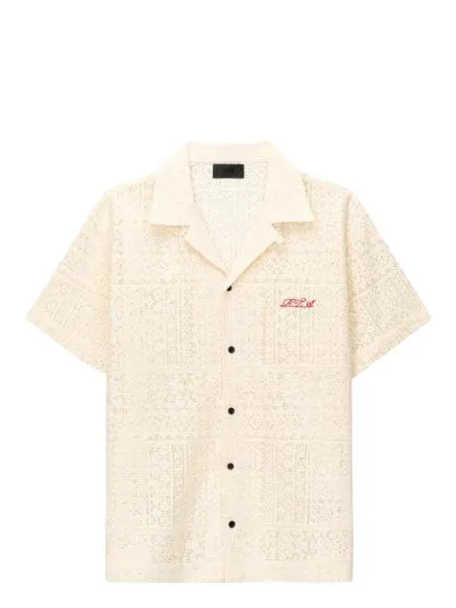 RtA Nathan Oversized Open Weave Button-up Camp Shirt - Sand Cursive