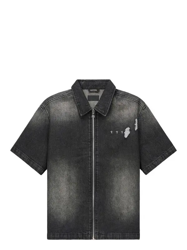 RtA Zeno Distressed Short Sleeve Denim Zip Shirt - Fray Noir
