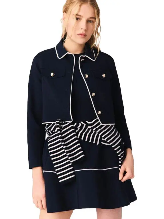 Maje Short Jacket With Contrast Trim And Gold-tone Buttons - Navy