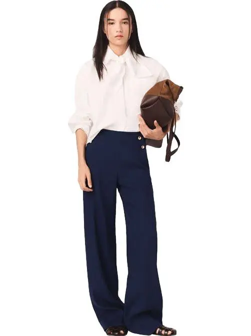 Maje Sailor-inspired Linen Blend Wide-leg Trousers - Navy