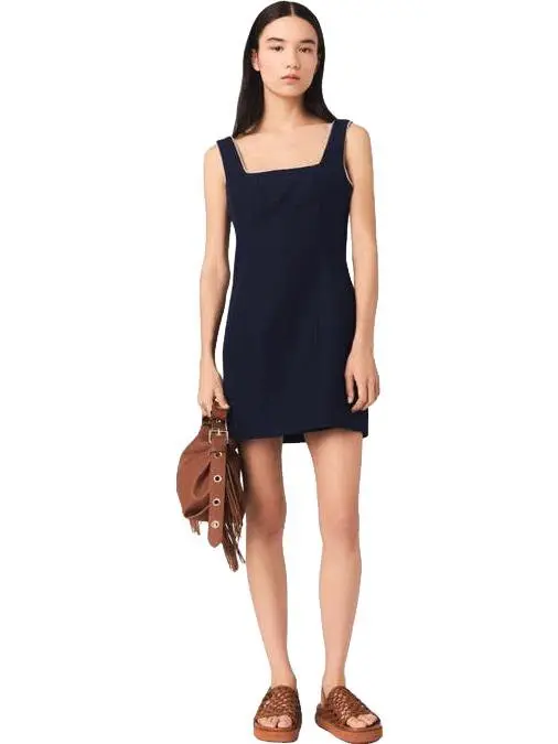 Maje Short Linen-blend Dress With Rhinestone Trim - Navy