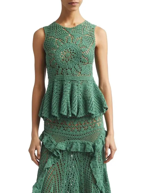 Ulla Johnson Sleeveless Crochet Peplum Top - Sea Glass