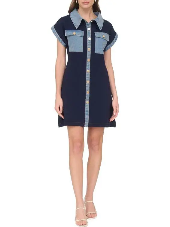 ZOE AND CLAIRE Knit Denim Trim Mini Dress - Navy
