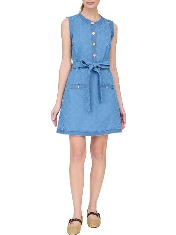 ZOE AND CLAIRE Sleeveless Jacquard Belted Mini Dress - Denim