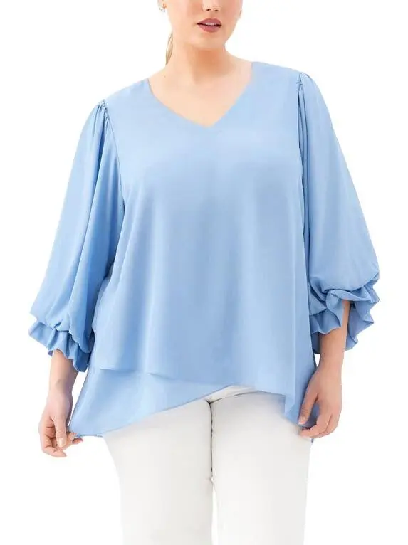 Karen Kane Layered Sleeve Asymmetric Top - Chambray