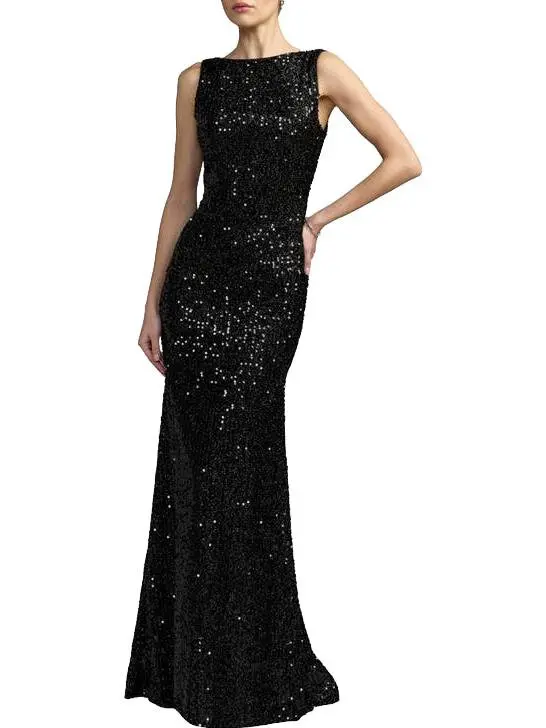 Mac Duggal Sleeveless Sequin Cowl Back Evening Gown - Black