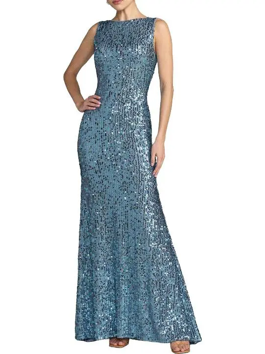 Mac Duggal Sequin Sleeveless Evening Gown With Draped Back - Fusion Blue