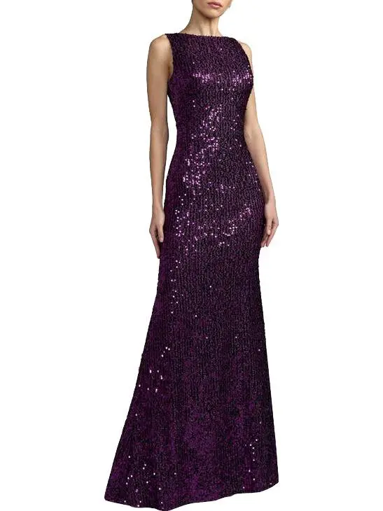 Mac Duggal Sequin Sleeveless Evening Gown With Draped Back - Plum