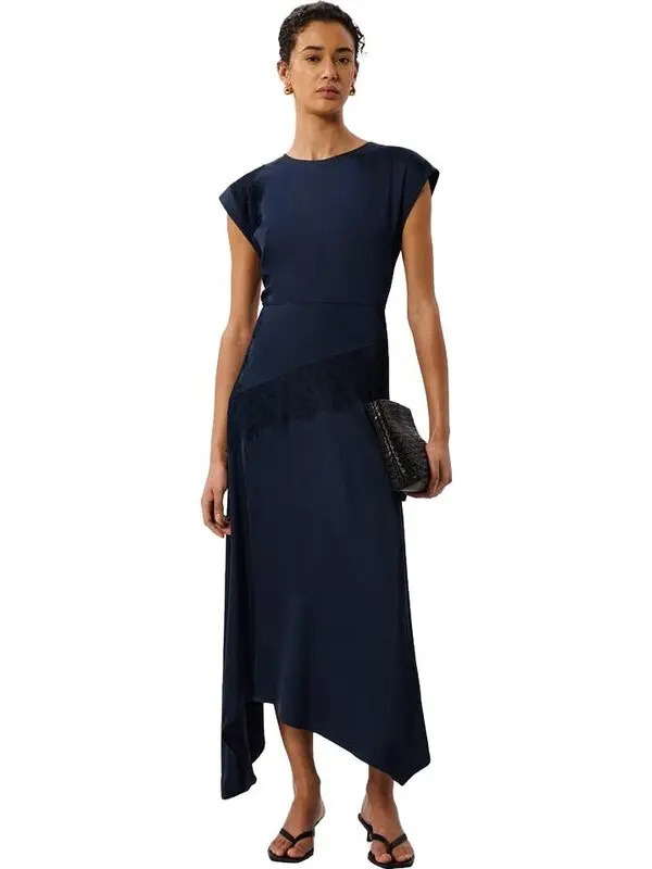 Whistles Lace Insert Asymmetric Midi Dress - Navy