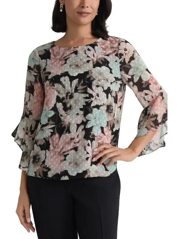 KASPER Blurred Floral Print Clip Dot Top - Black Multi