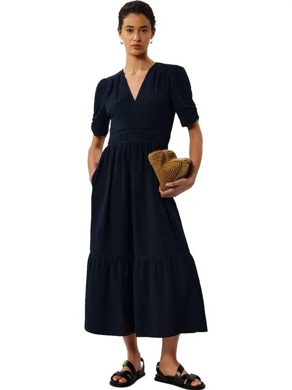 Whistles V-neck Puff Sleeve Midi Dress - Navy