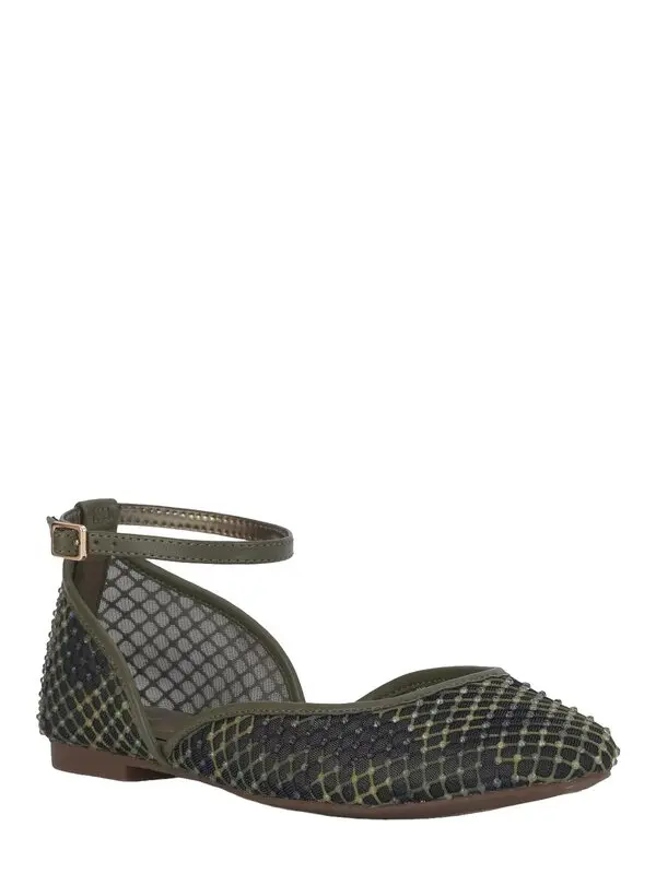 Jessica Simpson Laelli Ankle Strap Flat Embellished Mesh Ballerina - Deep Moss Multi