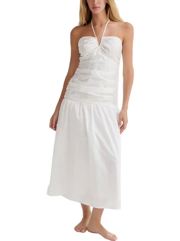 CRESCENT Shirred Halter Midi Dress In Tencel Blend - White