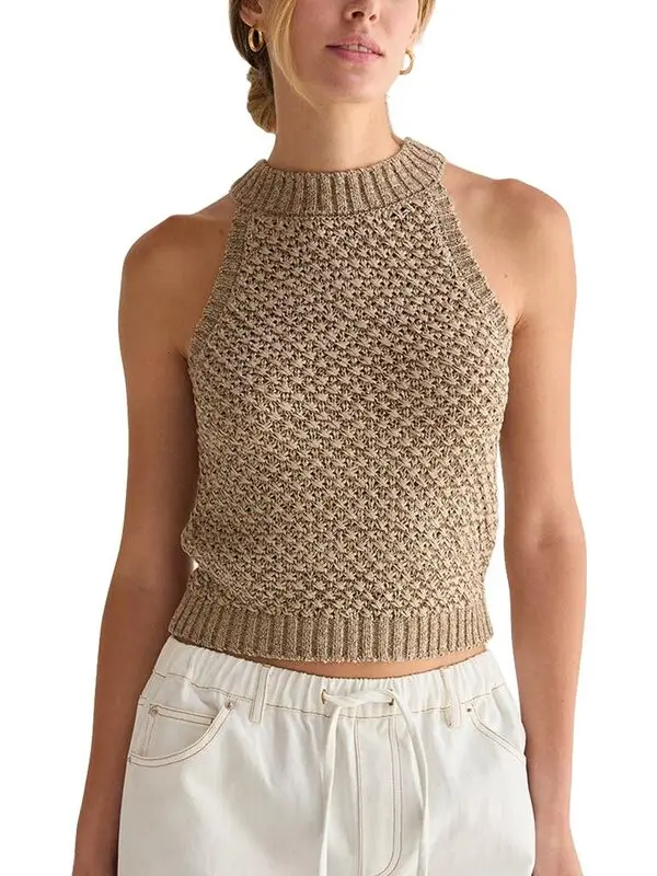 CRESCENT Basket Weave Halter Knit Top - Sand