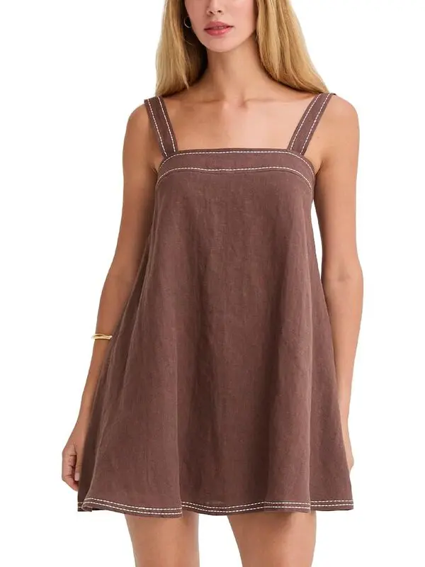 CRESCENT Contrast Stitch Square Neck Linen Mini Dress - Brown