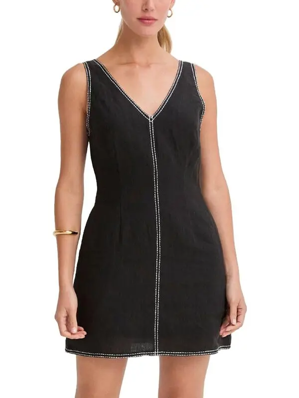 CRESCENT Contrast Stitch V-neck Linen Mini Dress - Black