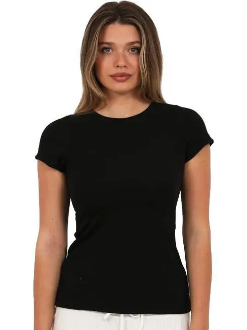 24SEVEN COMFORT APPAREL Ribbed Knit Round Neck Short Sleeve Top - Black