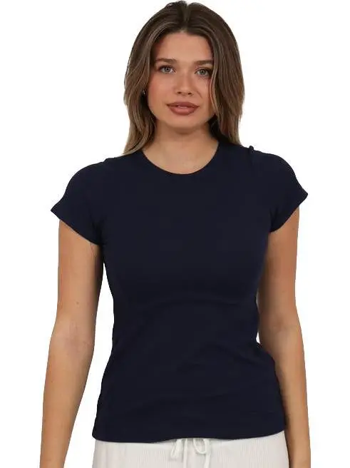 24SEVEN COMFORT APPAREL Ribbed Knit Round Neck Short Sleeve Top - Navy