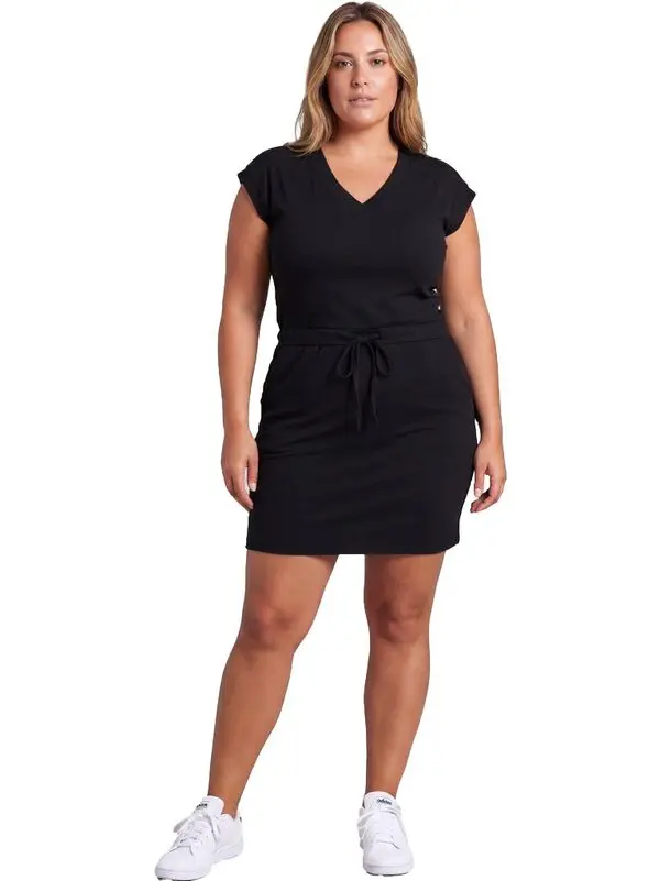 24SEVEN COMFORT APPAREL Ribbed Knit V-neck Drawstring Waist Pocket Knee-length Dress - Black
