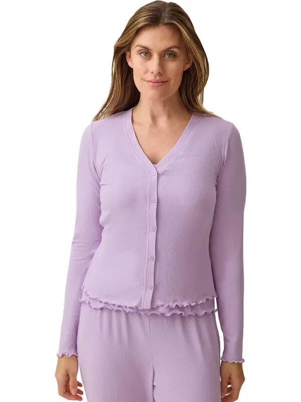 KINDRED BRAVELY Ribbed Modal Cardigan With Button-down Access And Lettuce Trim - Lavender