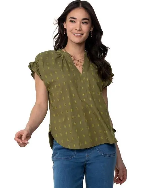 SINGLE STITCH Textured Jacquard Peasant Blouse With Ruffle Cap Sleeves - Olive