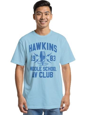 STRANGER THINGS Netflix Hawkins Av Club 1983 Graphic T-shirt - Light Blue