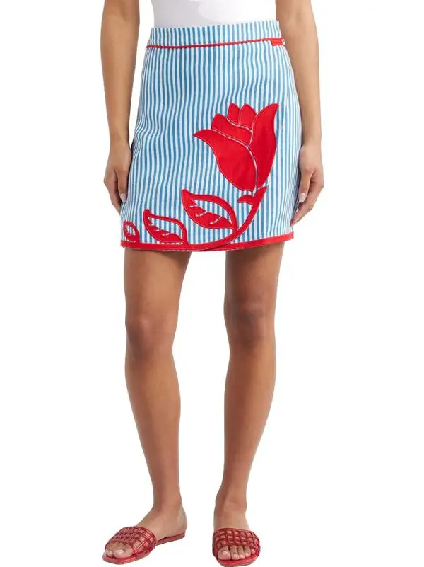 Farm Rio Sky Stripes Floral Appliqué Wrap Miniskirt - Blue